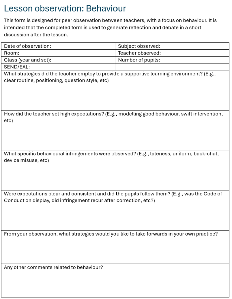 Making lesson observation forms fit for purpose – Physics Thinking