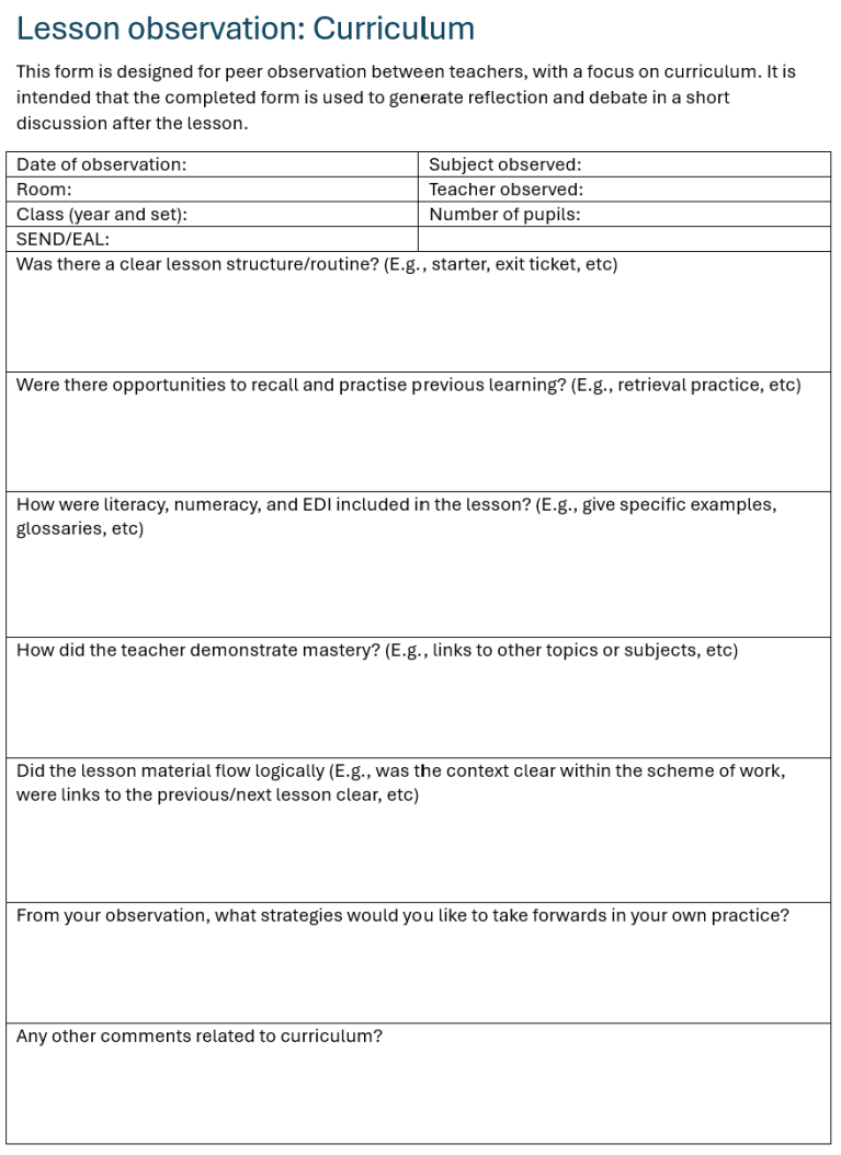 Making lesson observation forms fit for purpose – Physics Thinking