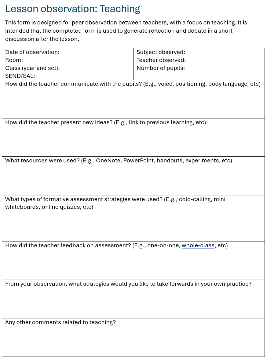 Making lesson observation forms fit for purpose – Physics Thinking